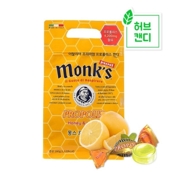 Monk's Propolis Candy Honey & Lemon 280g 몽스 프로폴리스 캔디 허니 앤 레몬 280g ...